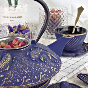 KIYOSHI Luxury 7PC Japanese Tea Set."Midnight Blue Koi" Cast Iron Tea Pot with 2 Tea Cups, 2 Saucers, Loose Leaf Tea Infuser and Teapot Trivet. Ceremonial Matcha Accessories