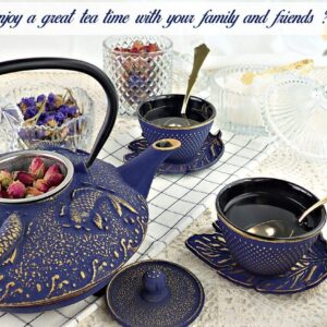 KIYOSHI Luxury 7PC Japanese Tea Set."Midnight Blue Koi" Cast Iron Tea Pot with 2 Tea Cups, 2 Saucers, Loose Leaf Tea Infuser and Teapot Trivet. Ceremonial Matcha Accessories