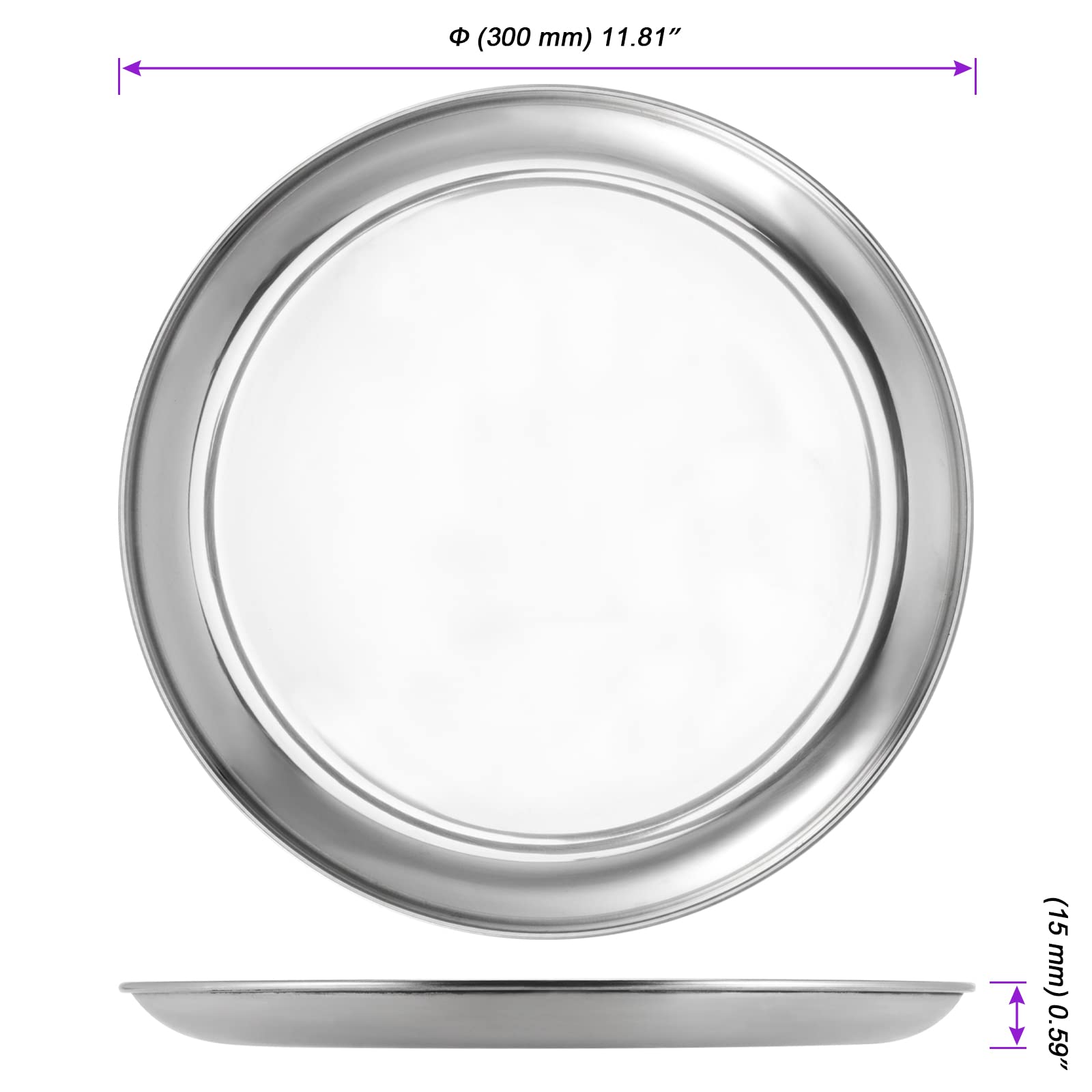 JOIKIT 4 Pack 12 Inch Stainless Steel Plate, Round Metal Dinner Plates, Kitchenware Dinner Dishes Serving Tray Large Camping Plates for BBQ, Snack, Food Serving, Dishwasher Safe