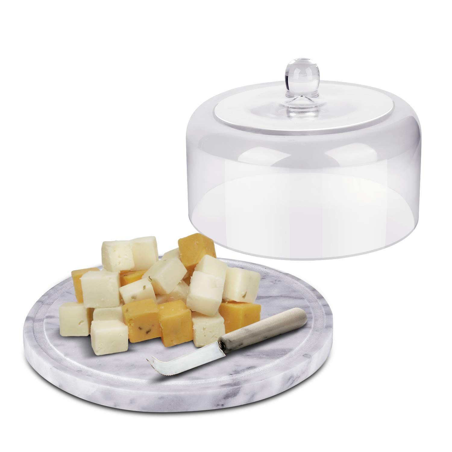 Flexzion Marble Cake Stand with Lid Round Glass Cover Glass Dome Cake Saver Cheese Holder Serving Platter Stone Cake Stand Cutting Board Slab Set for Kitchen Dining Bakery Pastries Display, 11 Inches