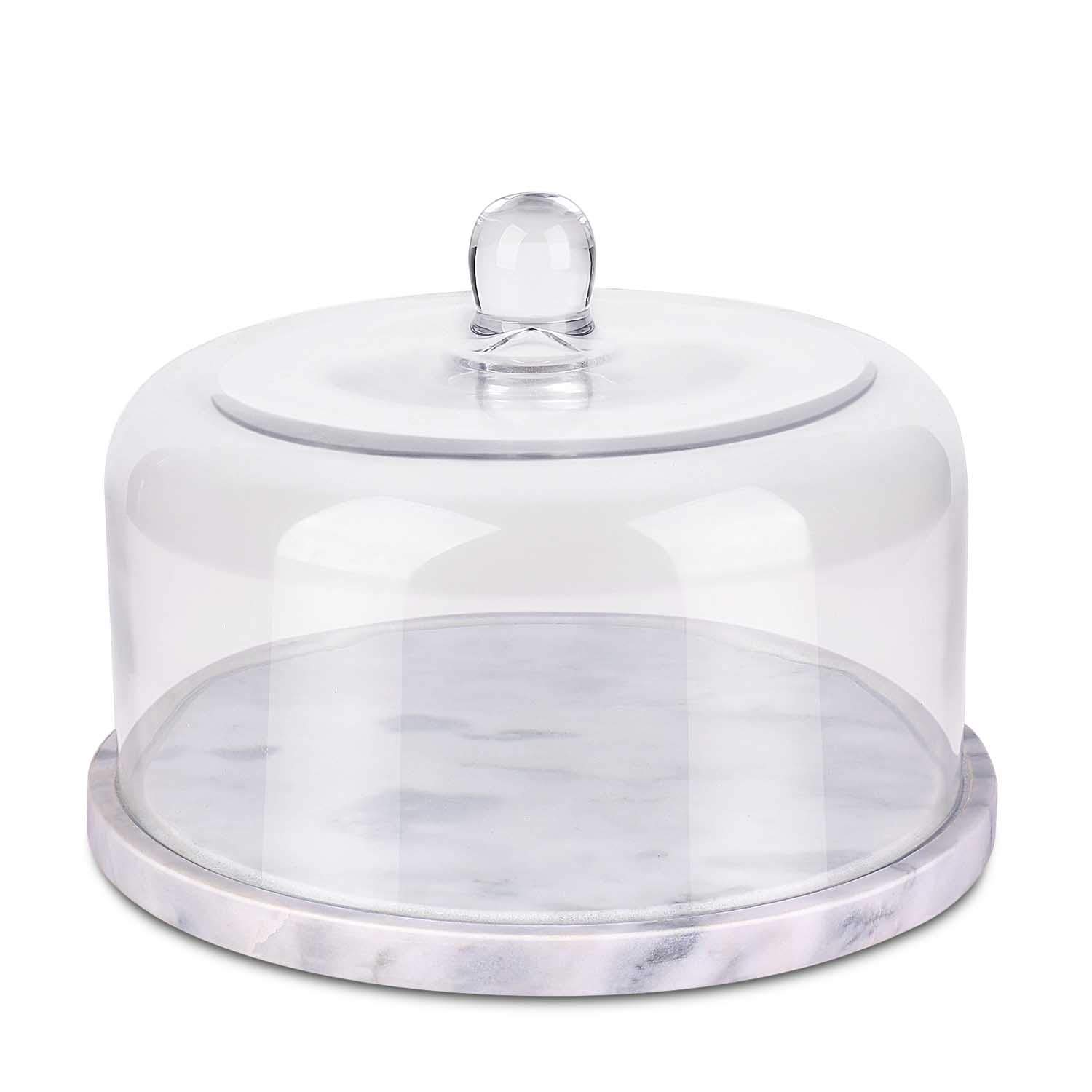 Flexzion Marble Cake Stand with Lid Round Glass Cover Glass Dome Cake Saver Cheese Holder Serving Platter Stone Cake Stand Cutting Board Slab Set for Kitchen Dining Bakery Pastries Display, 11 Inches