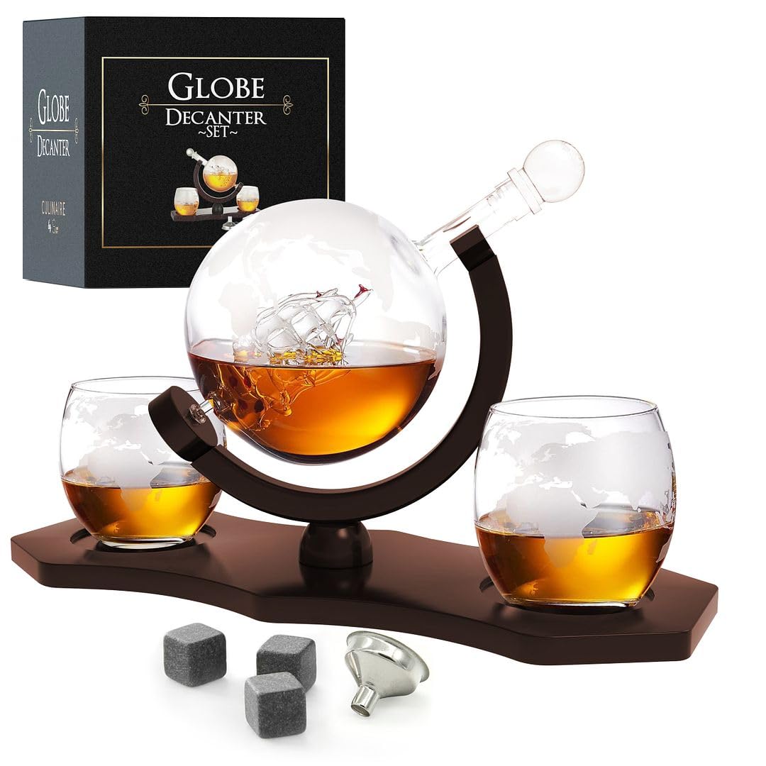 Chef's Star Whiskey Decanter Set for Men- Etched Globe Decanter, for Whiskey, Bourbon, with Whiskey Stones, Liquor Gift Set, 850ml (28 oz)