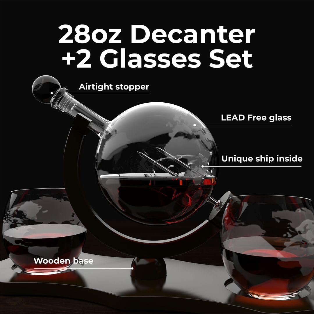 Chef's Star Whiskey Decanter Set for Men- Etched Globe Decanter, for Whiskey, Bourbon, with Whiskey Stones, Liquor Gift Set, 850ml (28 oz)