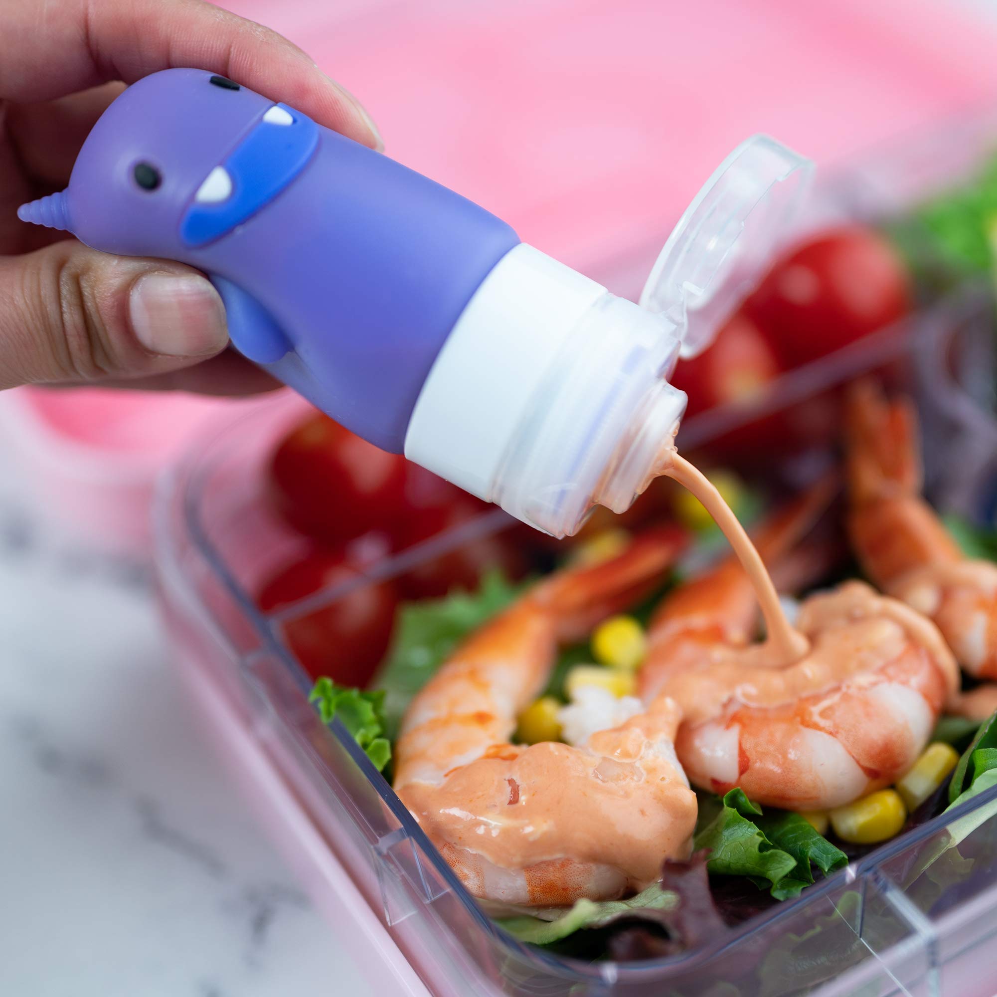 Yumbox Silicone Squeeze Bottle (Set of 3 - Funny Monsters) Leakproof Mini Condiment Squeeze Bottles, Sauce Containers for Lunch Box, salad dressing bottles with flip cap, easy fill and clean.