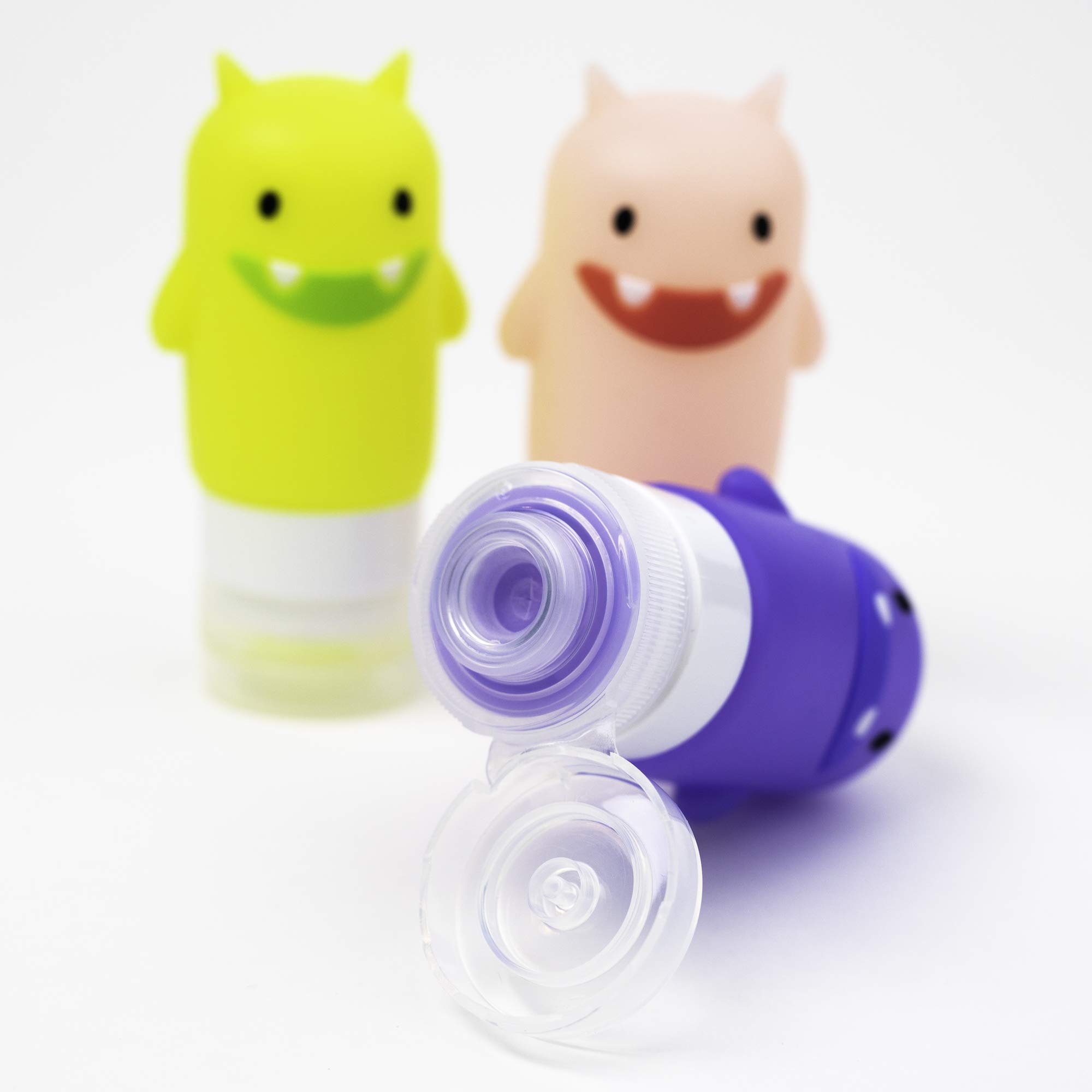 Yumbox Silicone Squeeze Bottle (Set of 3 - Funny Monsters) Leakproof Mini Condiment Squeeze Bottles, Sauce Containers for Lunch Box, salad dressing bottles with flip cap, easy fill and clean.