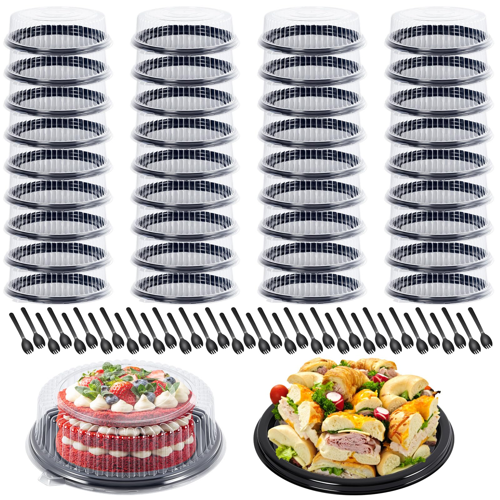 36 Set 12 Inch Catering Trays with Lids and Sporks Heavy Duty Serving Tray with Lid Plastic Food Serving Platters Plastic Cake Container Elegant Round Banquet for Catering, Party, Takeout Food, Picnic