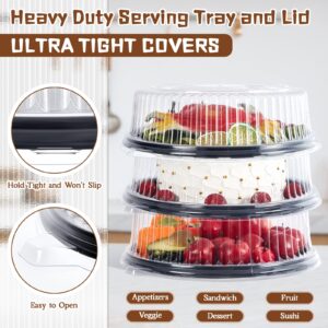 36 Set 12 Inch Catering Trays with Lids and Sporks Heavy Duty Serving Tray with Lid Plastic Food Serving Platters Plastic Cake Container Elegant Round Banquet for Catering, Party, Takeout Food, Picnic