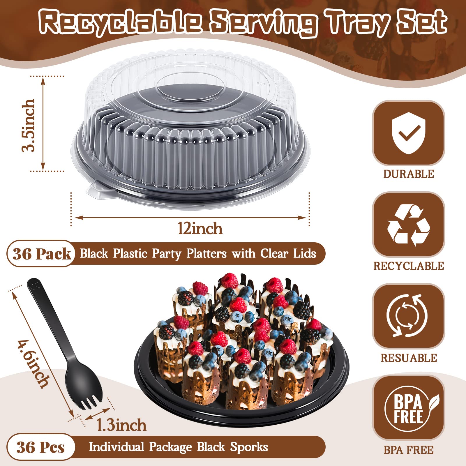 36 Set 12 Inch Catering Trays with Lids and Sporks Heavy Duty Serving Tray with Lid Plastic Food Serving Platters Plastic Cake Container Elegant Round Banquet for Catering, Party, Takeout Food, Picnic