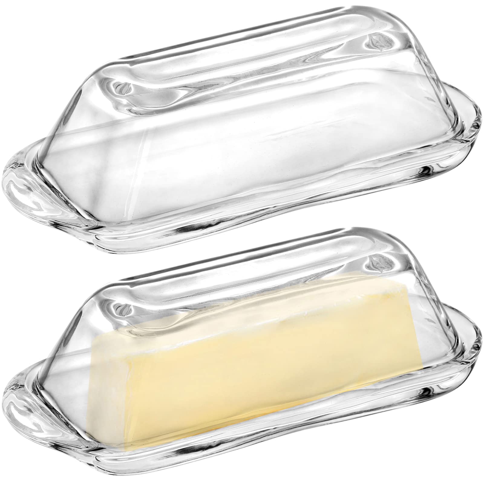 Okllen 2 Pack Glass Butter Dish with Lid, Large Butter Container Classic Butter Holder with Cover, Butter Keeper Saver, BPA Free, Dishwasher Safe, Clear