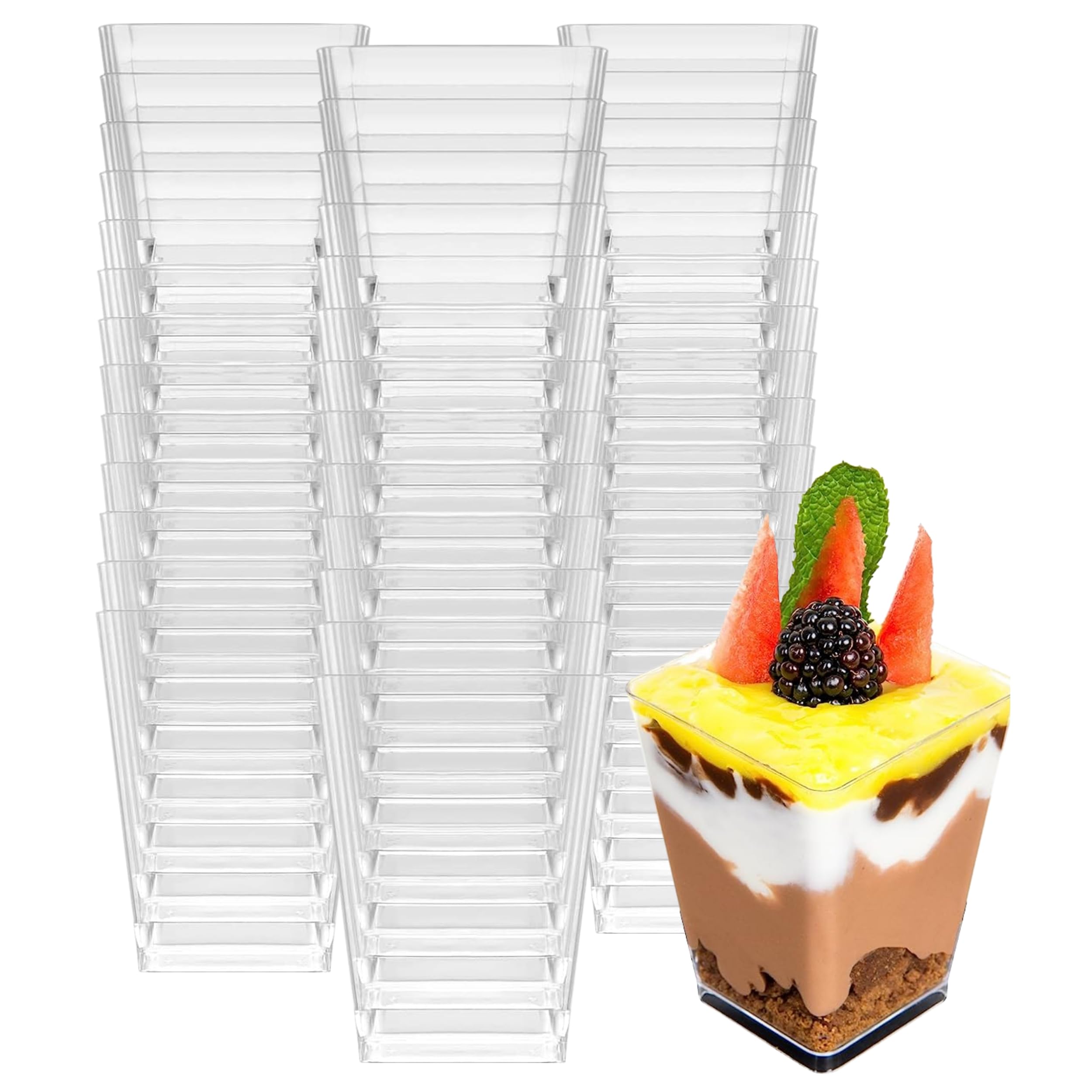 Killer's Instinct Outdoors 50 Plastic Party Cups for Dessert 5.4 oz Serve Tiramisu Parfait Dip Sundaes Single Serve Desserts and More Clear Plastic Tumbler Glasses Mini Appetizer Dish or Square Bowl