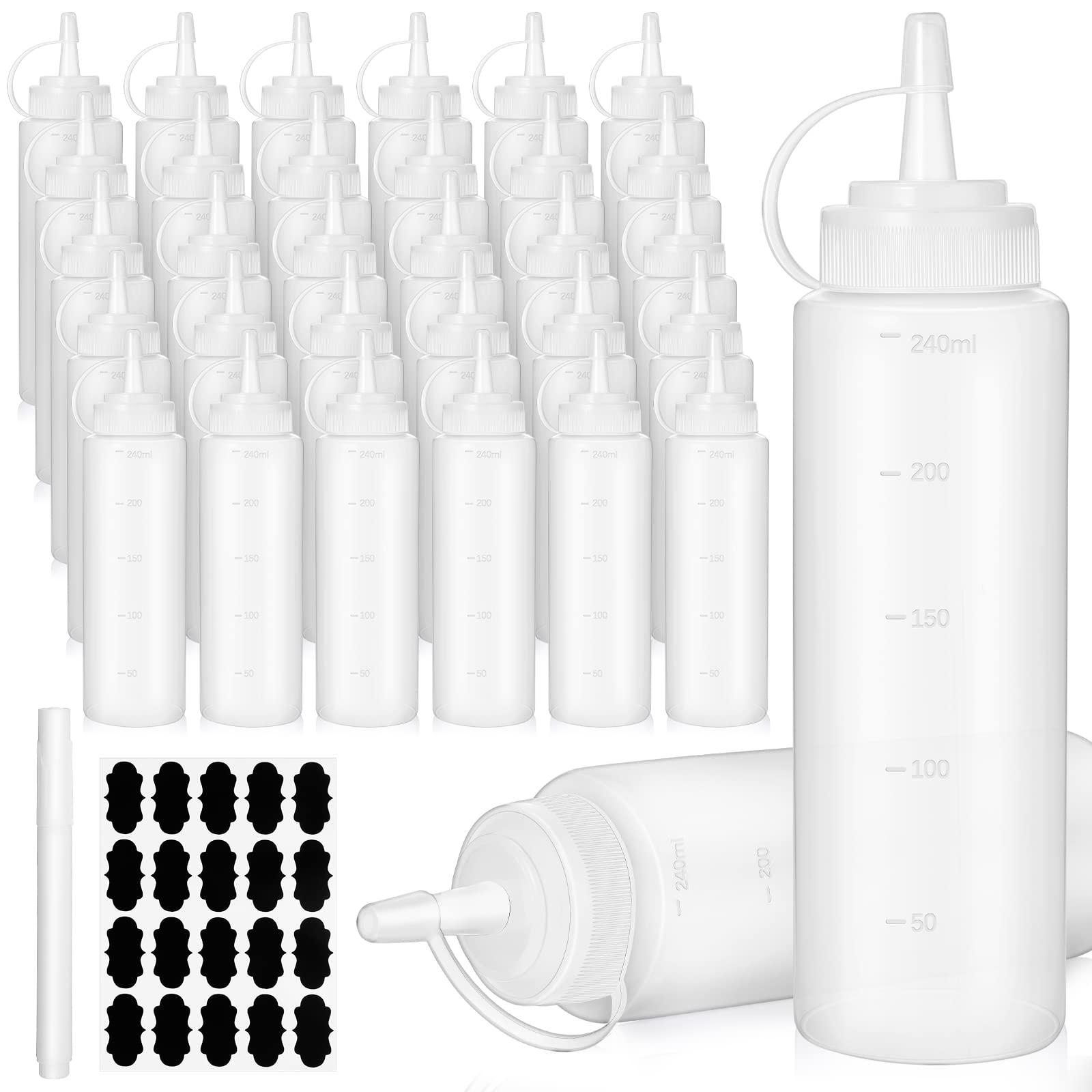 30 Pieces 8 oz Condiment Squeeze Bottles Multipurpose Squirt Bottles Plastic Sauce Bottles Empty Condiment Containers with Cap Oil Dressing Ketchup Dispenser with 40 Chalkboard Labels, Chalk Marker