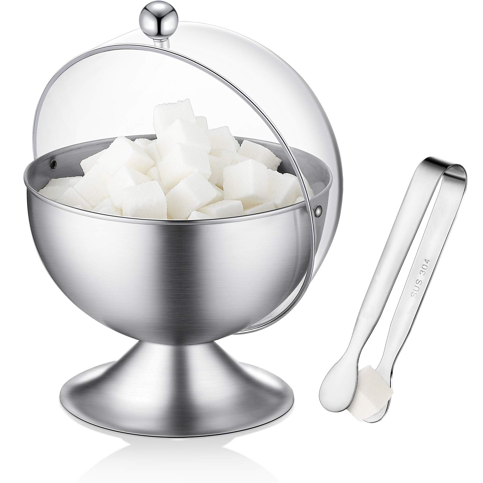 Patelai Sugar Bowl with Roll Top Stainless Steel Spherical Candies Bowl and 4.3 Inch Sugar Tong Stainless Sugar Clip for Household Kitchen Coffee Bar Beverage Serving