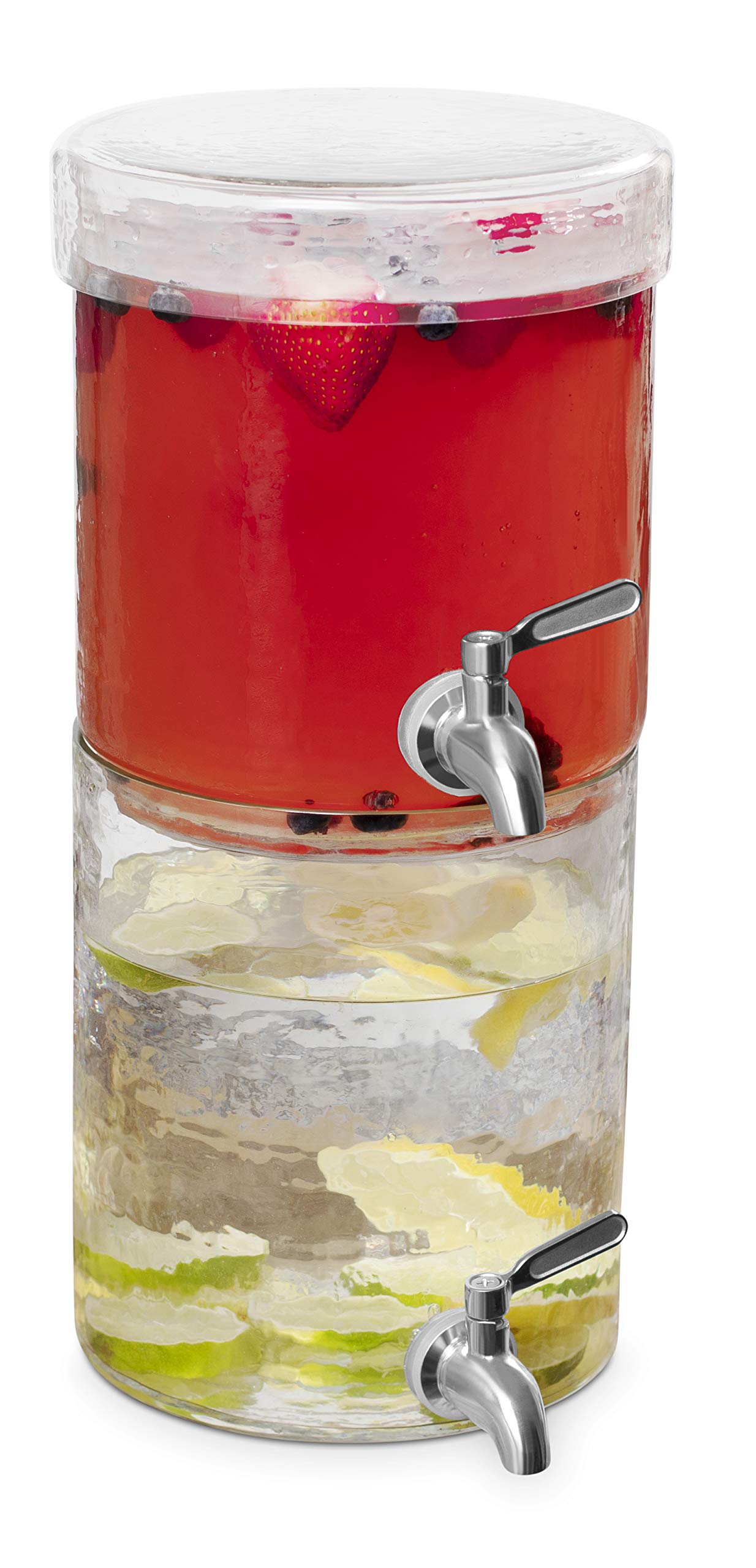 BIRDROCK HOME 2 Gallon Stacking Beverage Dispenser with Lid - Hammered Glass - Stainless Steel Spigot - Decorative Round Jar for Drinks - Lemonade Sangria Tea Water Drink Jar Jug - Home Parties