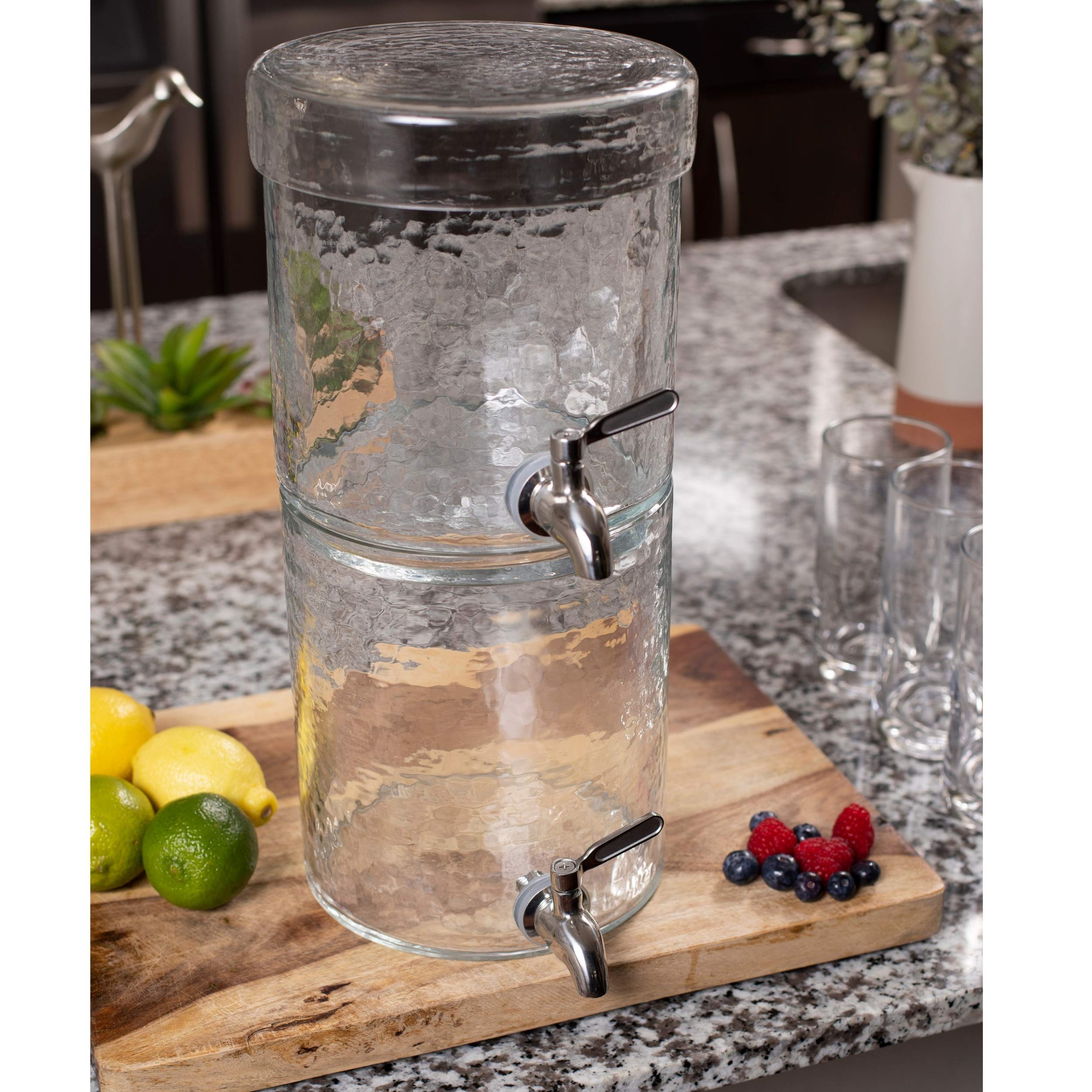 BIRDROCK HOME 2 Gallon Stacking Beverage Dispenser with Lid - Hammered Glass - Stainless Steel Spigot - Decorative Round Jar for Drinks - Lemonade Sangria Tea Water Drink Jar Jug - Home Parties