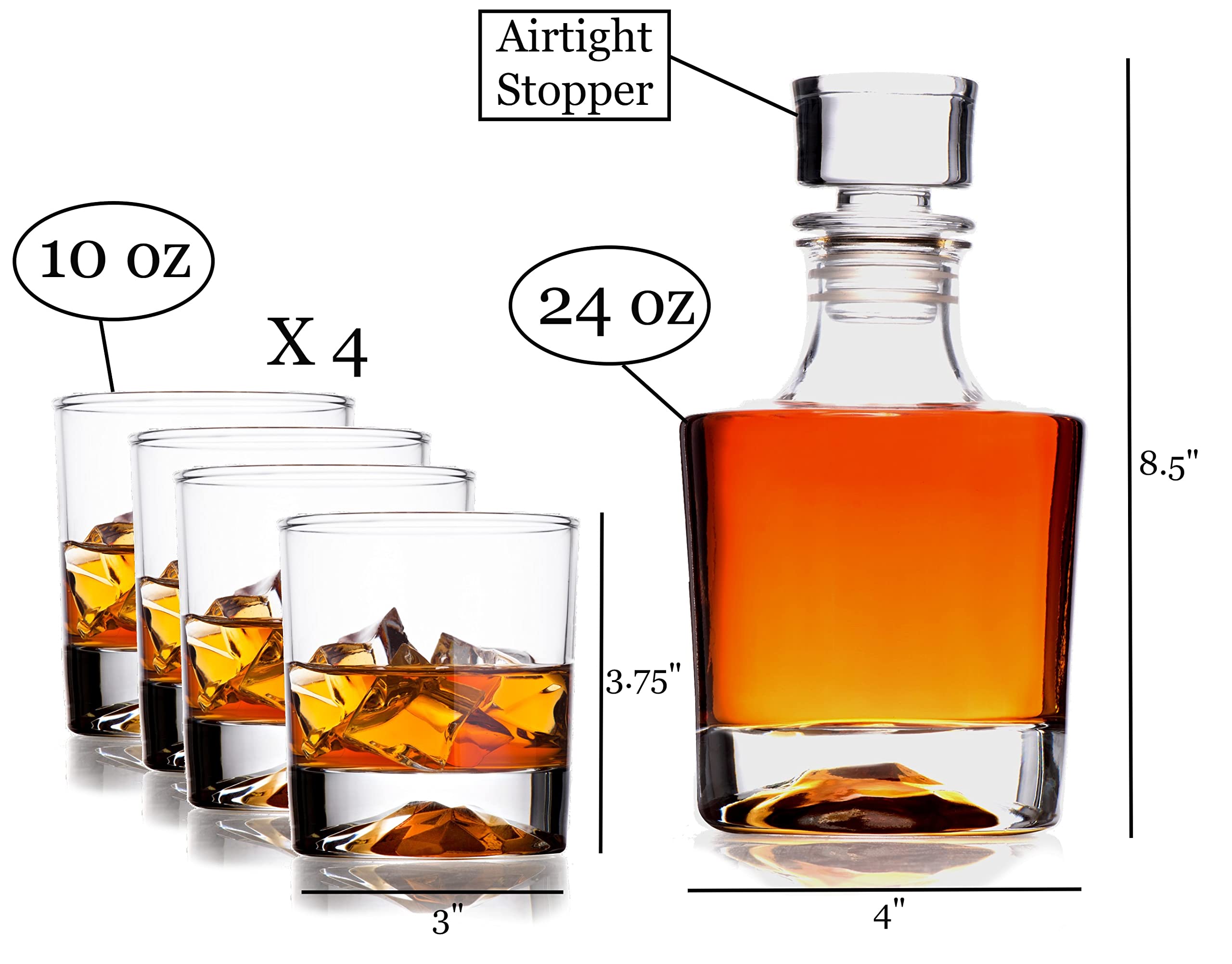 Whiskey Decanter Glasses Gift Set - 4 Whiskey Glasses - Airtight Stopper for Wine, Bourbon, Brandy, Juice, Water - Decanter Sets For Men Christmas Gifts for Dad Boyfriend Husband Him - Bezrat