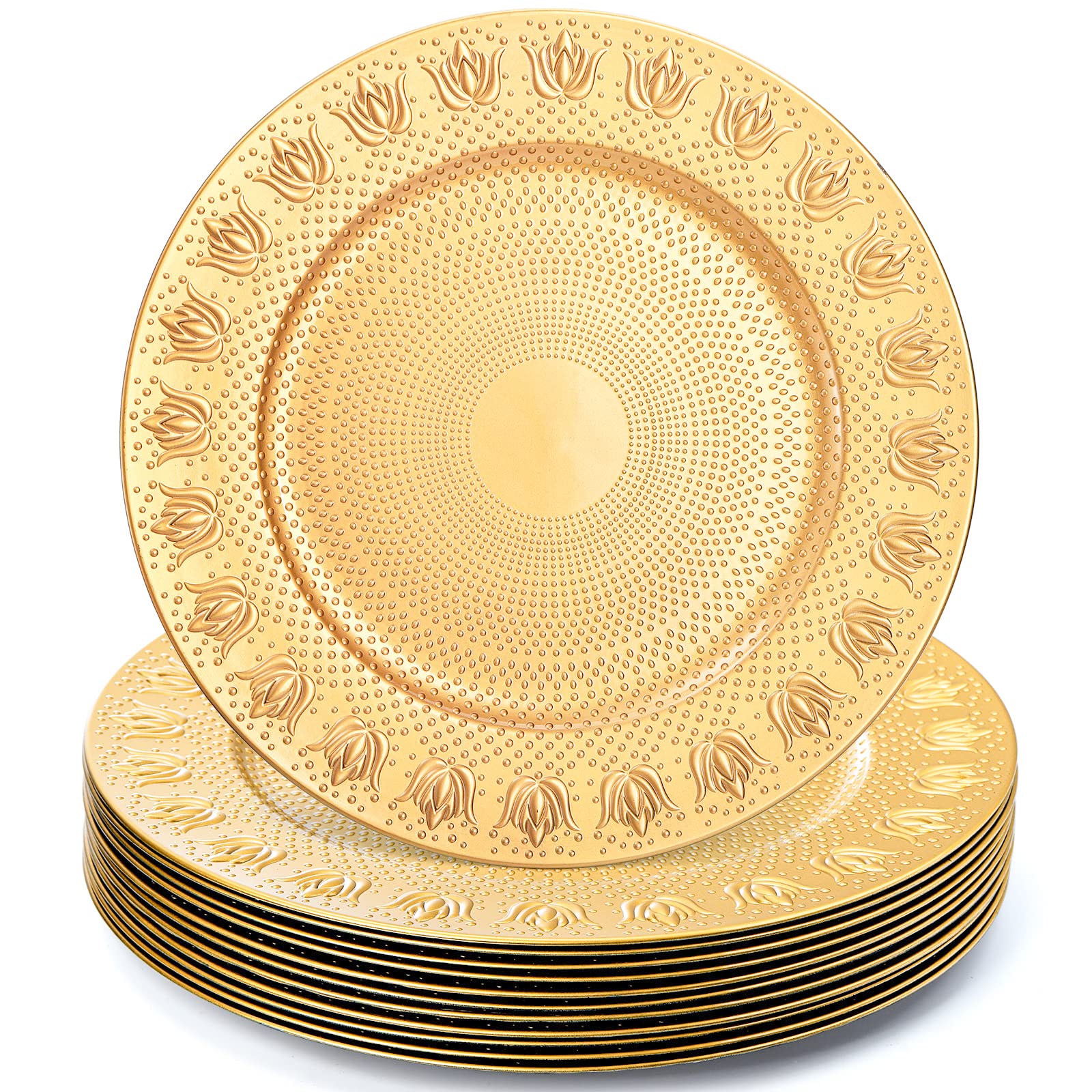 WUWEOT 12 Pack Gold Charger Plates, 13" Plastic Round Dinner Under Plates Bulk, Reusable Charger Service Base Plates with Embossed Pattern for Party, Wedding, Catering Event, Tabletop Decor