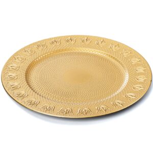 WUWEOT 12 Pack Gold Charger Plates, 13" Plastic Round Dinner Under Plates Bulk, Reusable Charger Service Base Plates with Embossed Pattern for Party, Wedding, Catering Event, Tabletop Decor