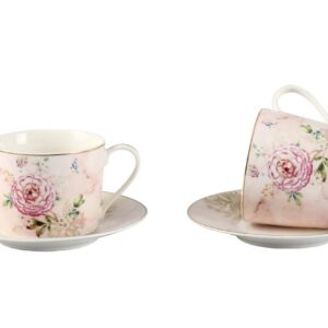 GuangYang Porcelain Tea Cups and Saucers,7 Ounce,Set of 2,Peony Flower Design Coffee Cup with Saucer,220ml Vintage Teacup (Total 4 pieces)