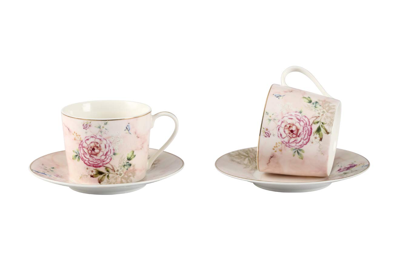 GuangYang Porcelain Tea Cups and Saucers,7 Ounce,Set of 2,Peony Flower Design Coffee Cup with Saucer,220ml Vintage Teacup (Total 4 pieces)