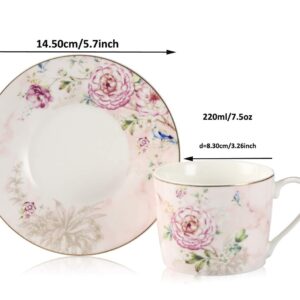 GuangYang Porcelain Tea Cups and Saucers,7 Ounce,Set of 2,Peony Flower Design Coffee Cup with Saucer,220ml Vintage Teacup (Total 4 pieces)