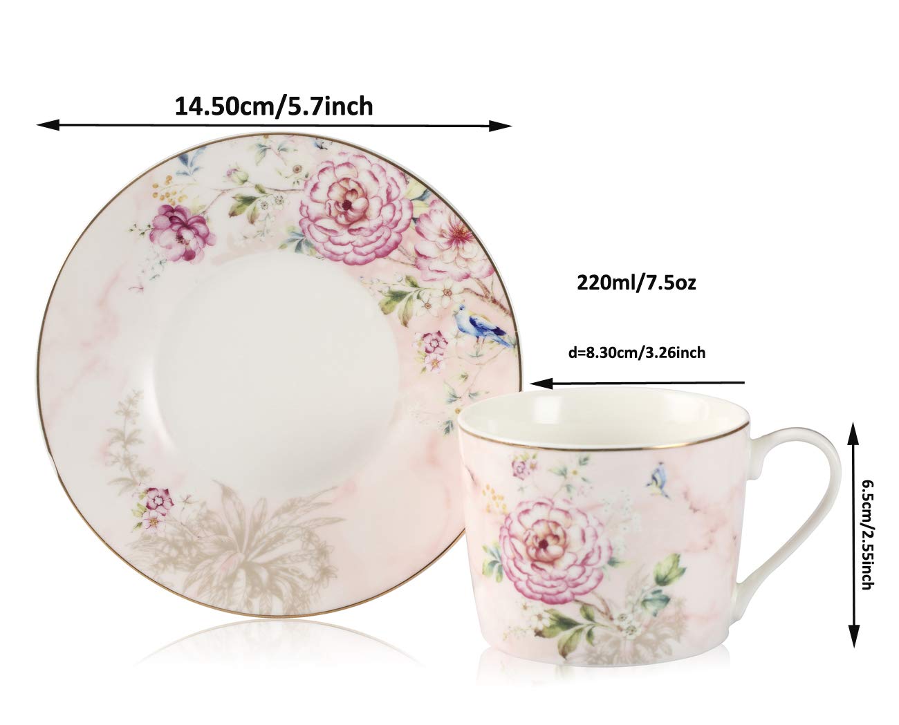 GuangYang Porcelain Tea Cups and Saucers,7 Ounce,Set of 2,Peony Flower Design Coffee Cup with Saucer,220ml Vintage Teacup (Total 4 pieces)