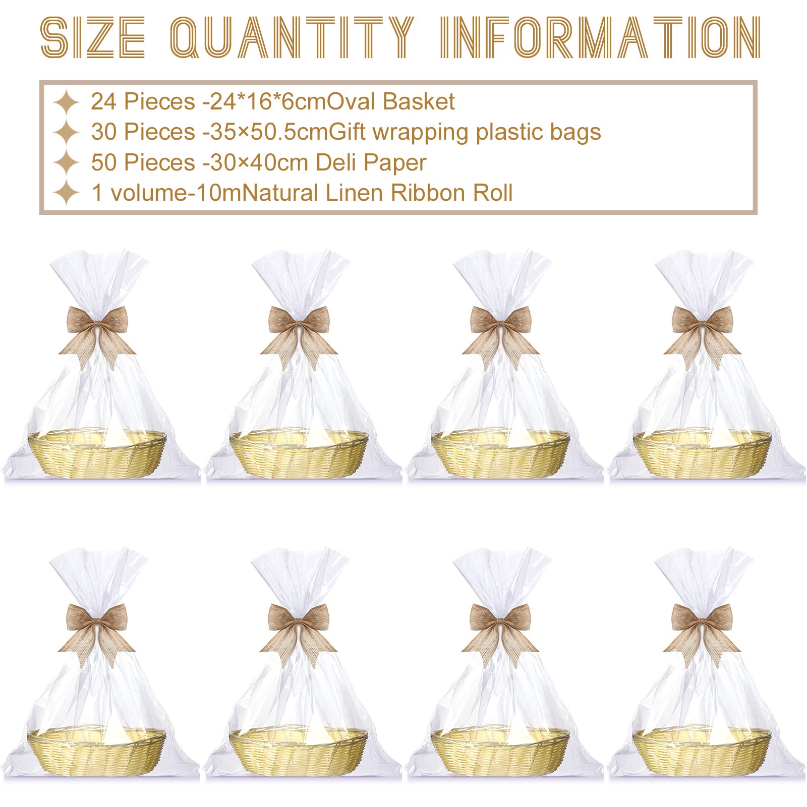 24 Pieces Baskets for Gifts Empty Bulk Oval Food Storage Basket Woven Bread Fruit Gift Baskets with Bags Paper Sheets and Long Ribbon for Wedding Birthday, 9.6 x 6.4 x 2.4 Inches