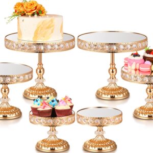 Nuanchu 6 Pcs Wedding Metal Cake Stand Set with Crystal Beaded Mirror Top Cake Display Stand Cupcake Display Plate Crystal Dessert Cheese Stand Cake Holder (Gold)