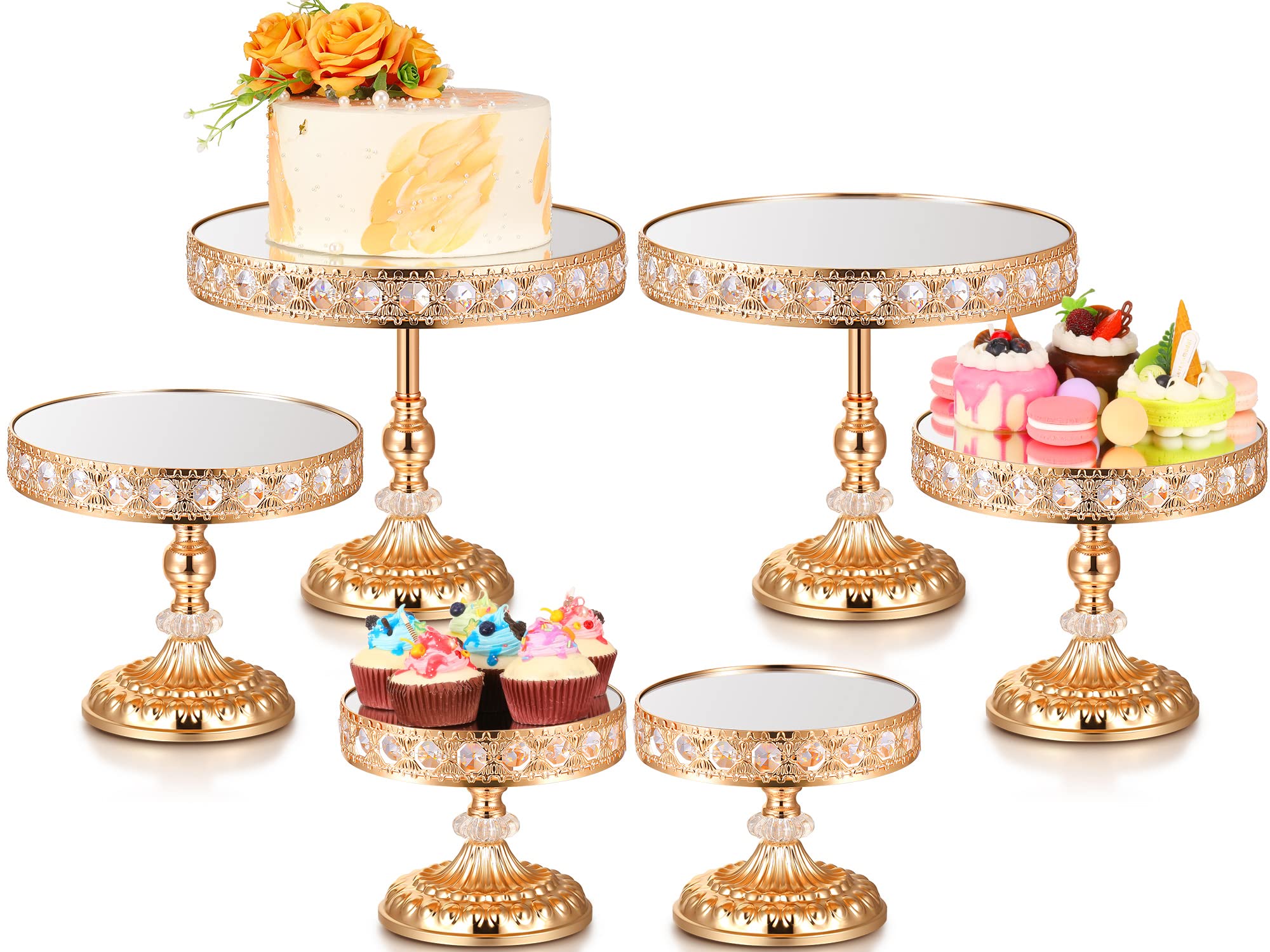 Nuanchu 6 Pcs Wedding Metal Cake Stand Set with Crystal Beaded Mirror Top Cake Display Stand Cupcake Display Plate Crystal Dessert Cheese Stand Cake Holder (Gold)