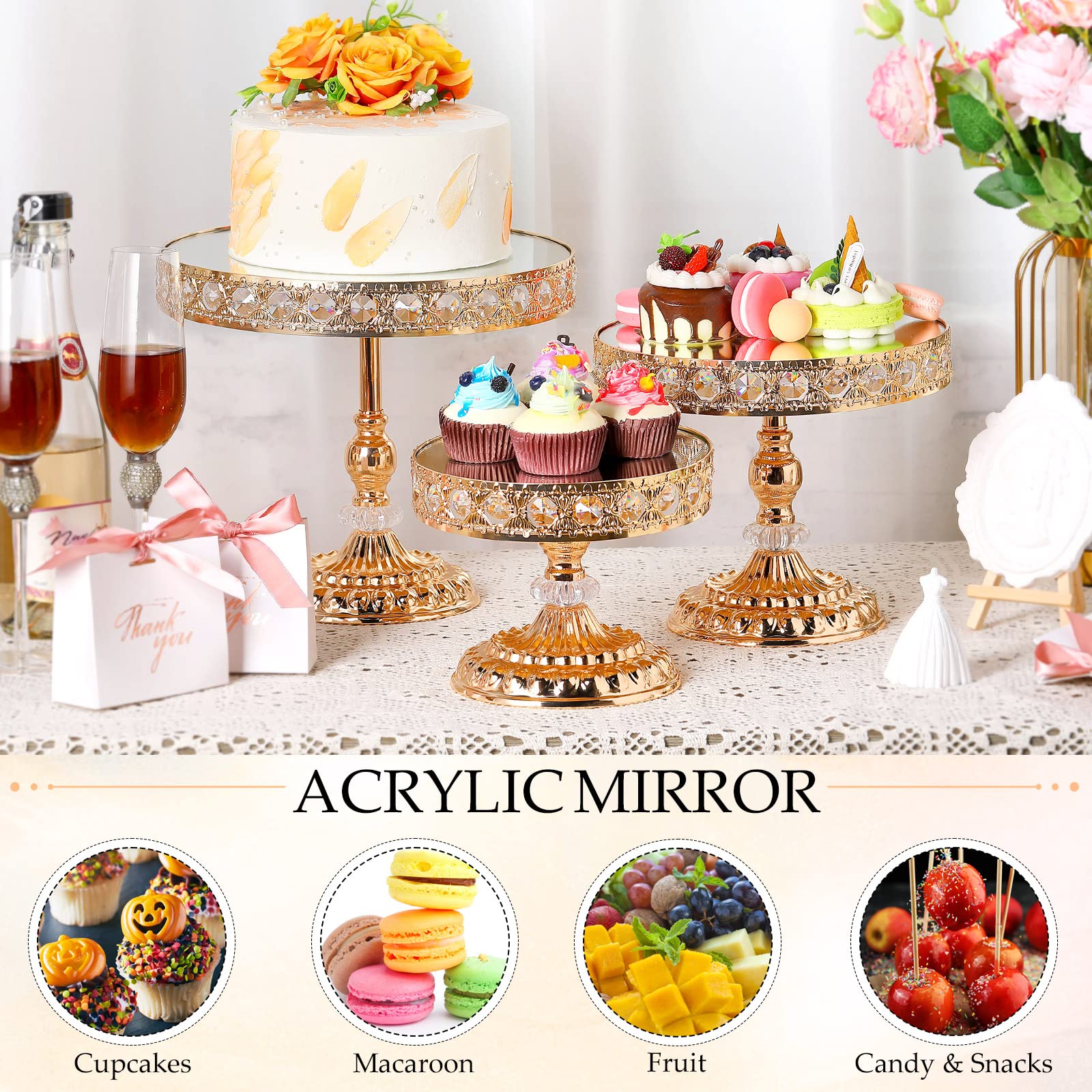 Nuanchu 6 Pcs Wedding Metal Cake Stand Set with Crystal Beaded Mirror Top Cake Display Stand Cupcake Display Plate Crystal Dessert Cheese Stand Cake Holder (Gold)