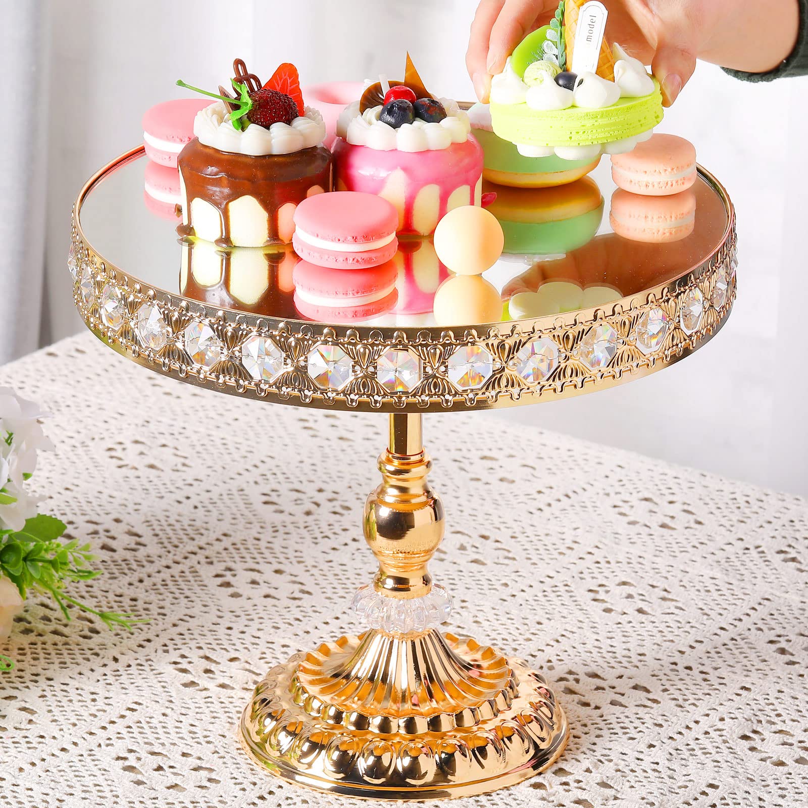 Nuanchu 6 Pcs Wedding Metal Cake Stand Set with Crystal Beaded Mirror Top Cake Display Stand Cupcake Display Plate Crystal Dessert Cheese Stand Cake Holder (Gold)