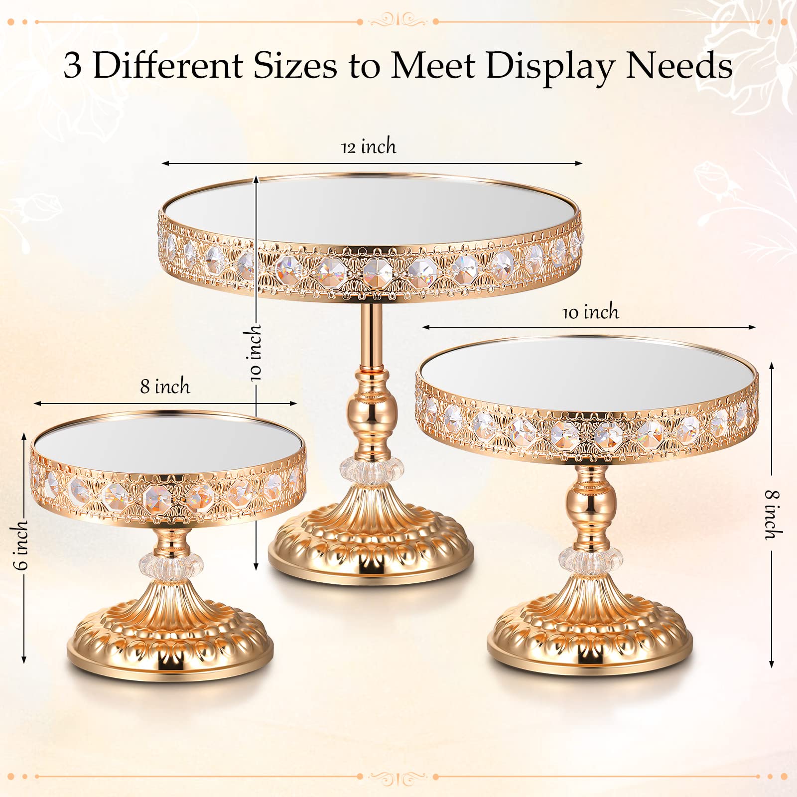 Nuanchu 6 Pcs Wedding Metal Cake Stand Set with Crystal Beaded Mirror Top Cake Display Stand Cupcake Display Plate Crystal Dessert Cheese Stand Cake Holder (Gold)