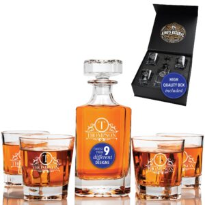 whiskey decanter sets for men women - personalized whiskey decanter set with glasses - crystal decanter set with 4 laser engraved custom whiskey glasses - engraved whiskey gifts for men women