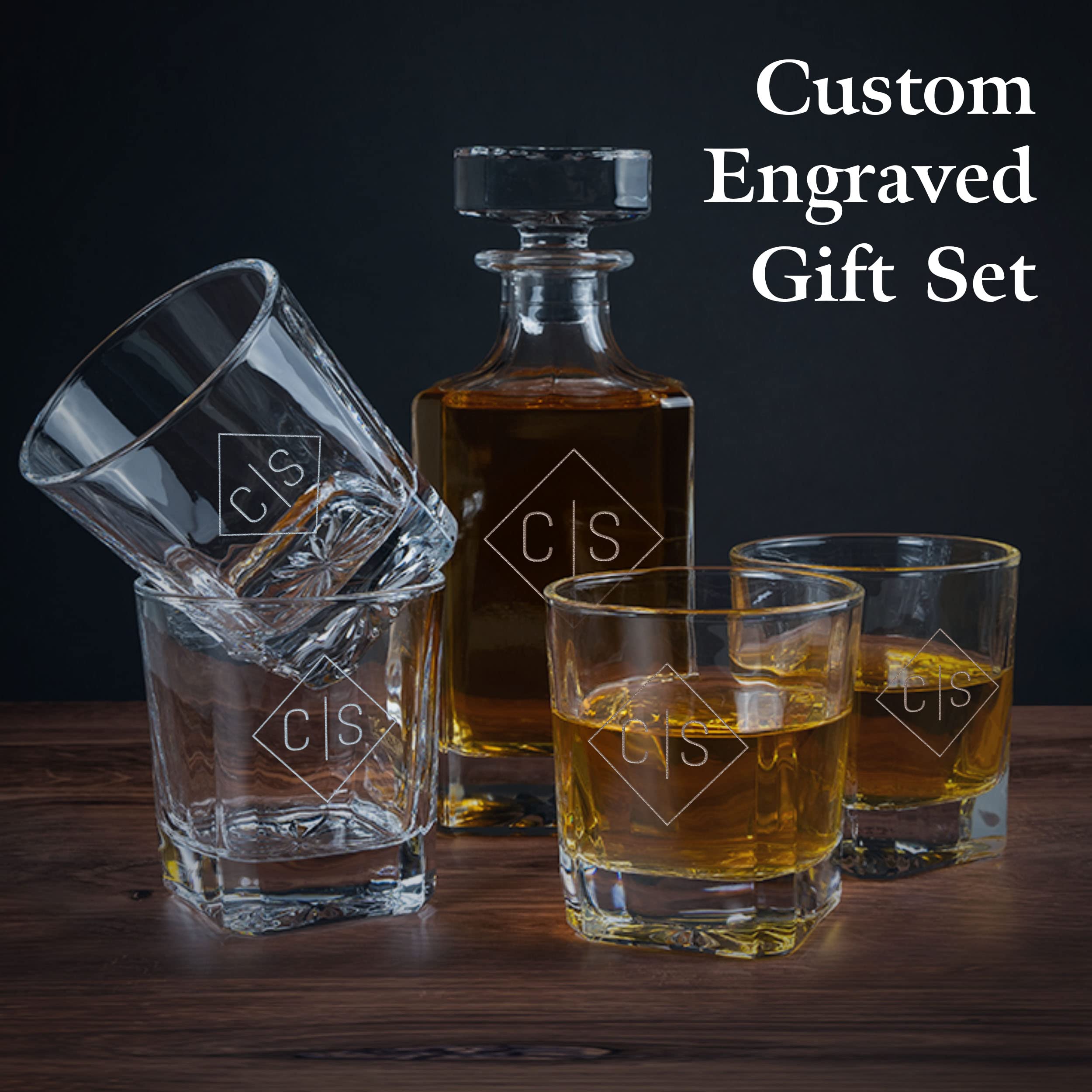 Whiskey Decanter Sets for Men Women - Personalized Whiskey Decanter Set with Glasses - Crystal Decanter set with 4 Laser Engraved Custom Whiskey Glasses - Engraved Whiskey Gifts for Men Women