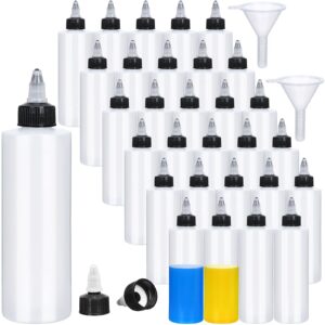 Honeydak 30 Pack 8.5 oz Squeeze Bottles Boston Empty Dispensing Bottles Plastic Lab Dispensing Bottles with Twist Top Cap Funnel for Liquids Inks Oil Sauce Condiments Arts and Crafts