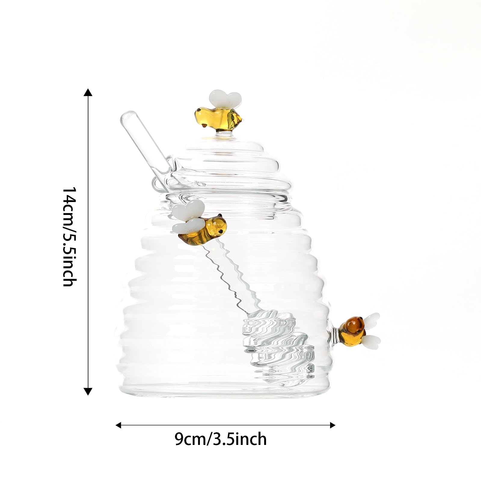 zhqinger Honey Jar with Dipper and Lid Glass Jars with Cute Little Bee Large Glass Jar Honey Syrup Container for Kitchen Coffee Bar Baking