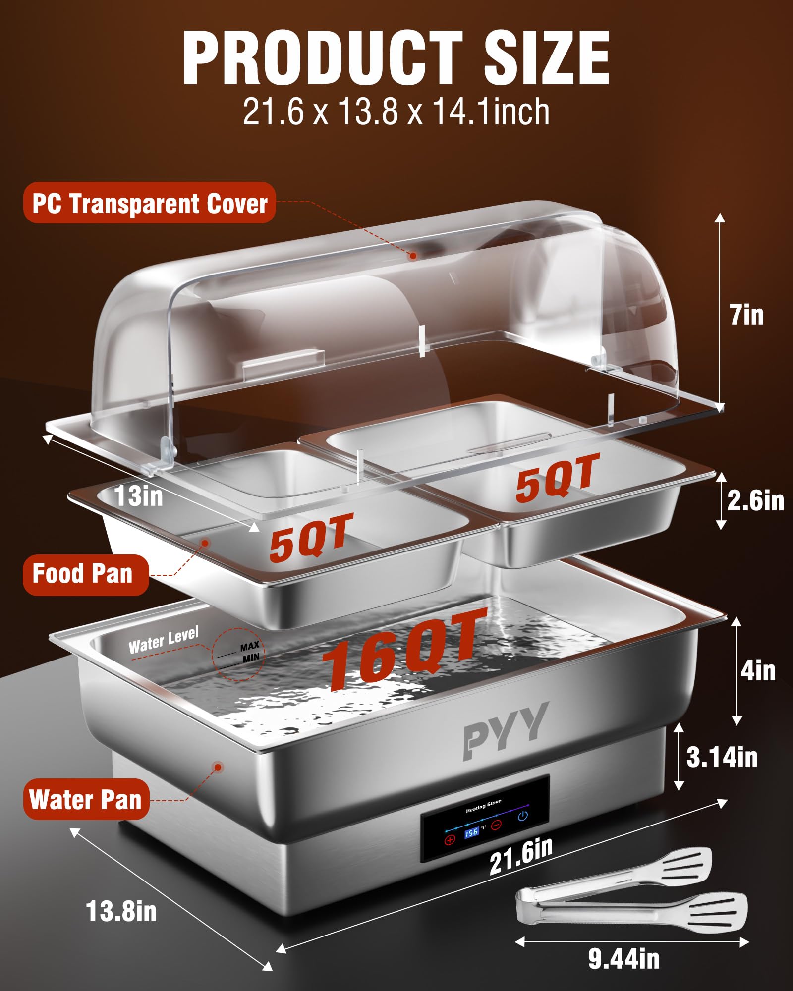 PYY Electric Chafing Dish, Roll Top Chafing Dish Buffet Set,Chaffing Server Set Chafer for Catering,Buffets (Half Size with Lid)