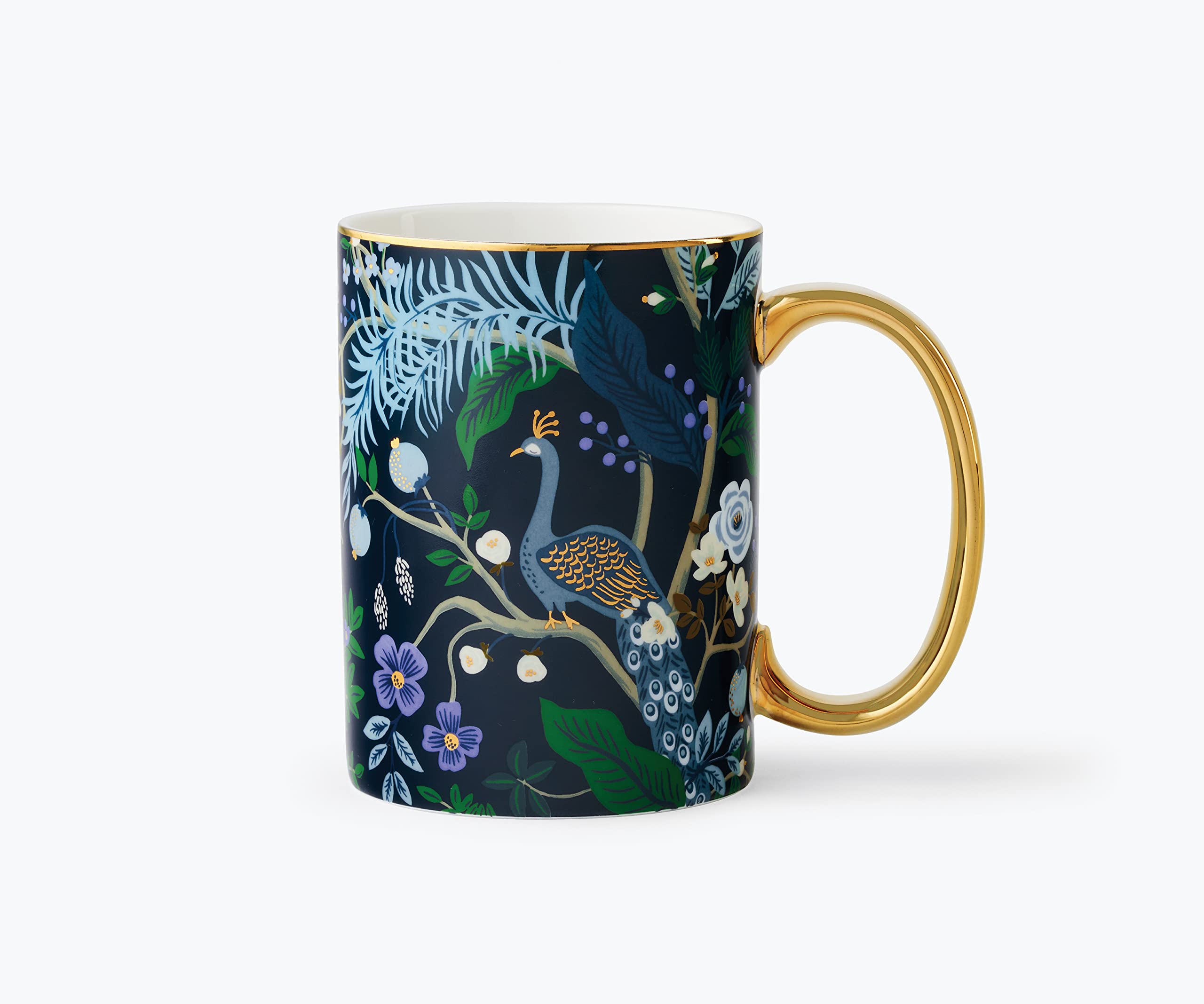 RIFLE PAPER CO. Peacock Porcelain Mug - Porcelain 16 OZ Mug, Full-Color Illustration with Metallic Gold Accents, 4.5" L x 3.125" W, Deep Midnight Blue with Gilded Rim and Handle