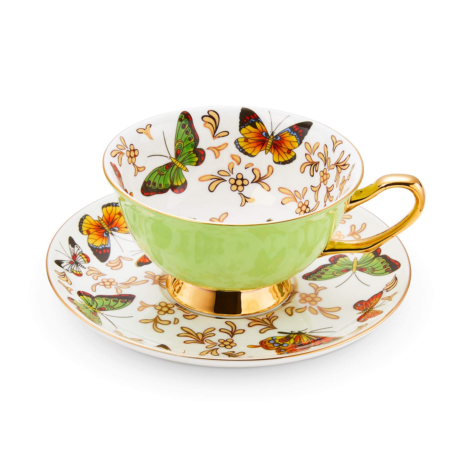 LURRIER Coffee Cup Mug with Saucer for Latte, Cappuccino Tea with Butterflies 6.8 Oz Fine Bone China, Dishwasher Safe, Reactive Glaze, 1 Pcs (Green)