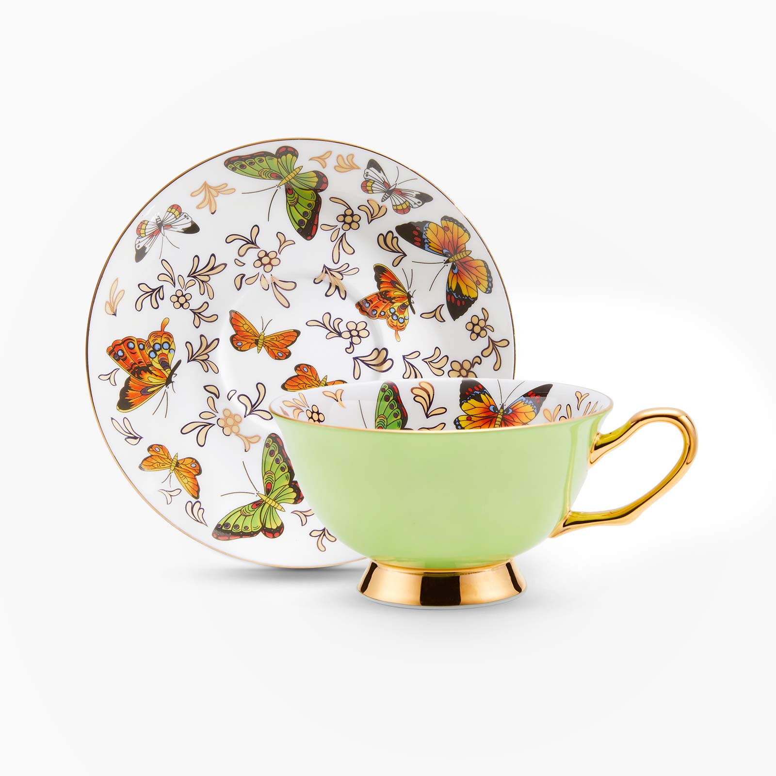 LURRIER Coffee Cup Mug with Saucer for Latte, Cappuccino Tea with Butterflies 6.8 Oz Fine Bone China, Dishwasher Safe, Reactive Glaze, 1 Pcs (Green)