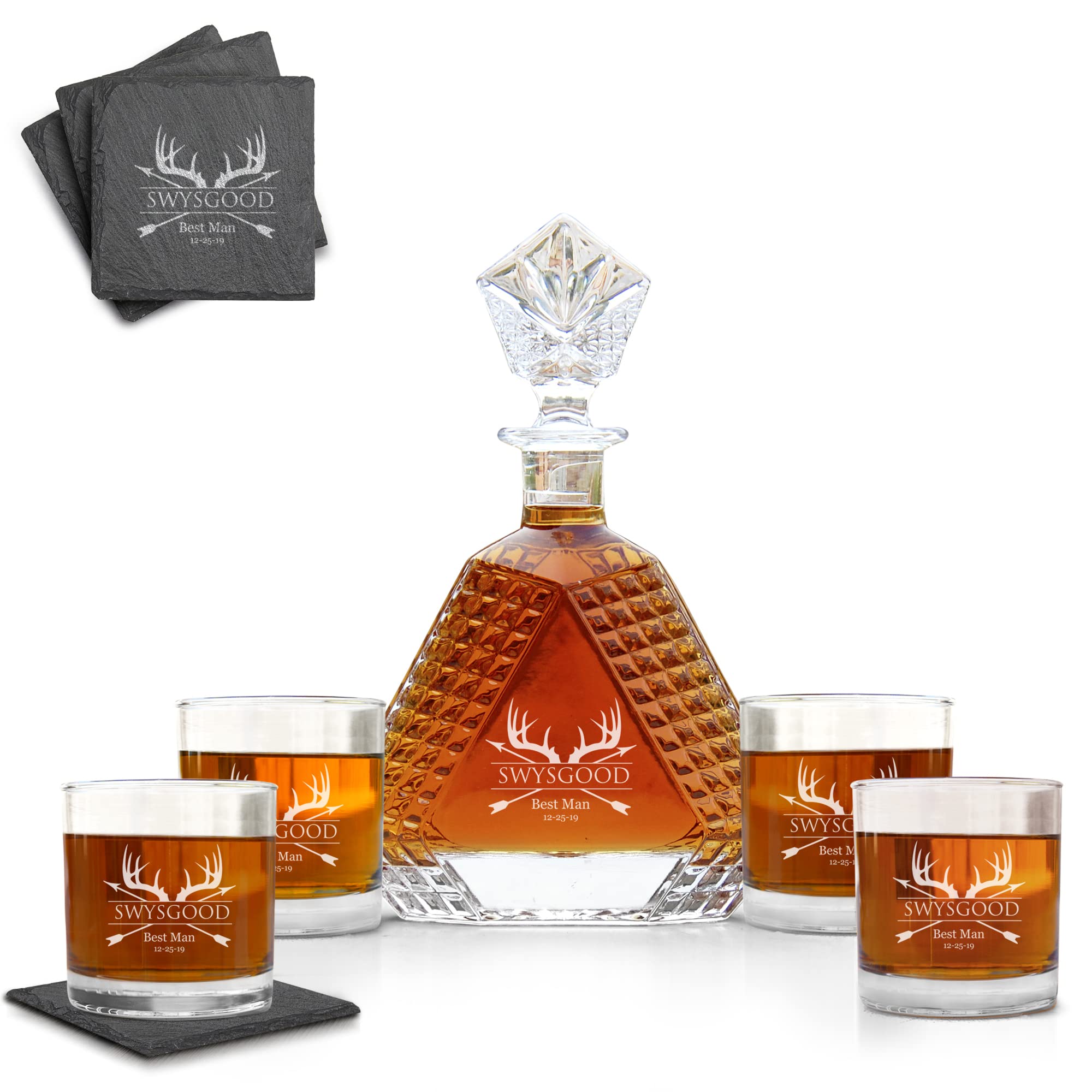 4 Piece Bourbon Decanter Set, Scotch Glasses and Decanter with Wooden Box, Personalized Decanter Set, Customized Decanter Set With Glasses For Men And Women Clear