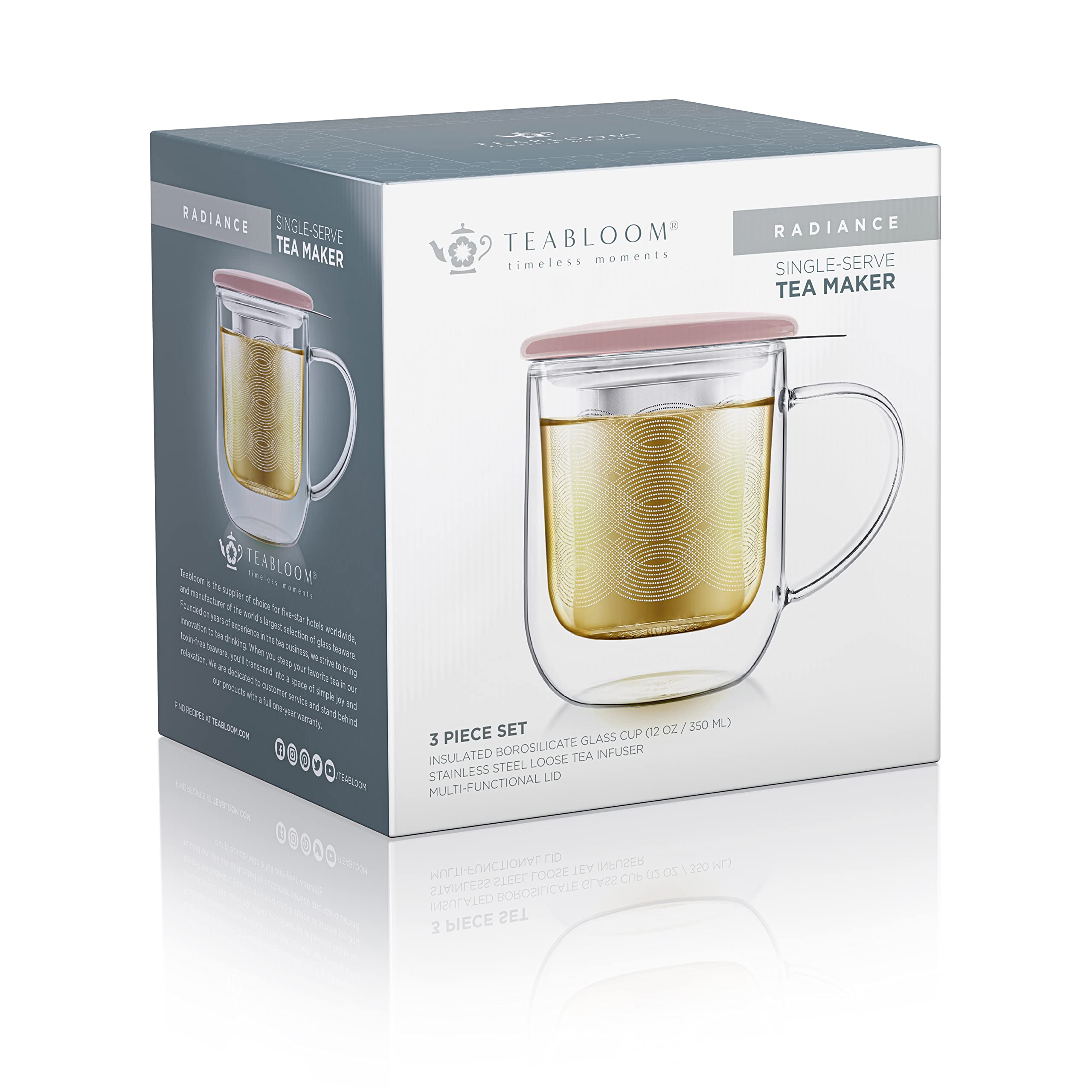 Teabloom Tea-For-One Steeping Mug – Insulated Double Wall Glass Mug (12 oz), Stainless Steel Infuser, Porcelain Lid/Coaster – Great For Brewing Loose Leaf Tea