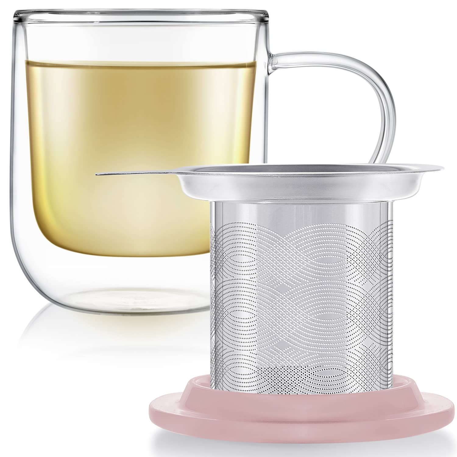 Teabloom Tea-For-One Steeping Mug – Insulated Double Wall Glass Mug (12 oz), Stainless Steel Infuser, Porcelain Lid/Coaster – Great For Brewing Loose Leaf Tea