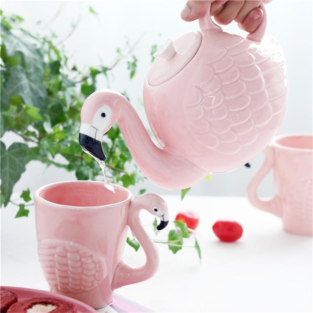 JointVictory 34 oz Flamingo Teapot - Pink Flamingo Gift for Women Small Porcelain Tea Pot - Microwave and Dishwasher Safe (Teapot)