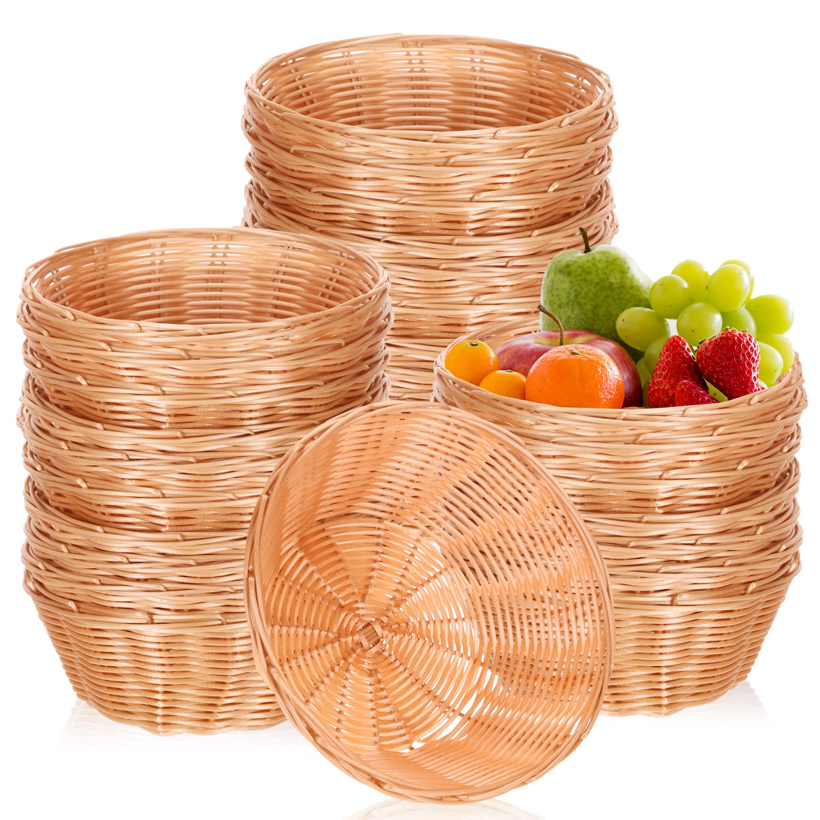 Amyhill 30 Pcs Woven Bread Baskets Bulk 7 Inch Plastic Round Baskets for Serving Small Gift Baskets Empty Food Storage Basket for Fruit Vegetables Party Kitchen Restaurant Display