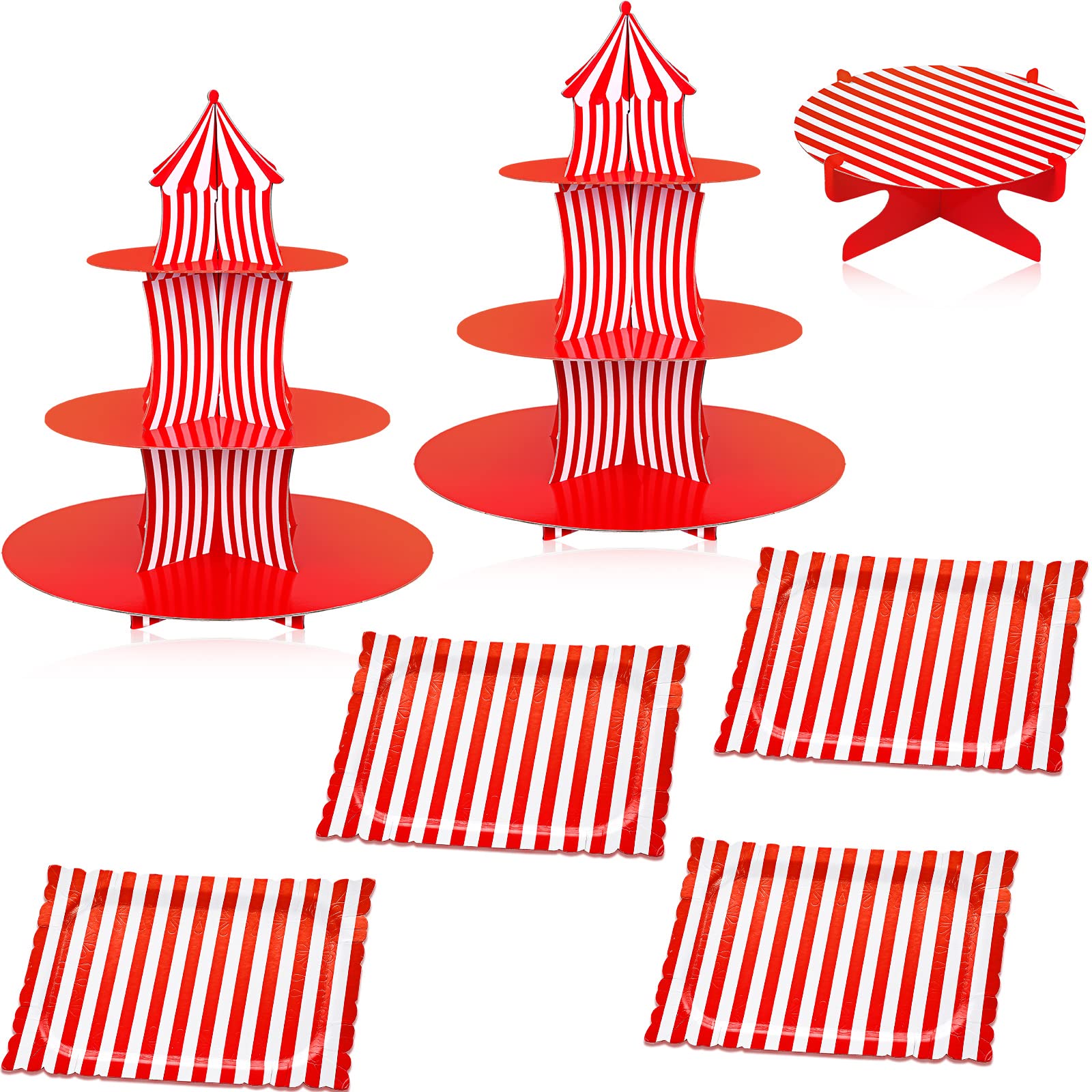 7 Pieces Carnival Cake Stand Set 3 Tier Circus Carnival Cupcake Stand 1 Tier Round Cake Stand Rectangle Serving Tray Reusable Platters Cupcake Holders for Dessert Circus Birthday Party Supplies