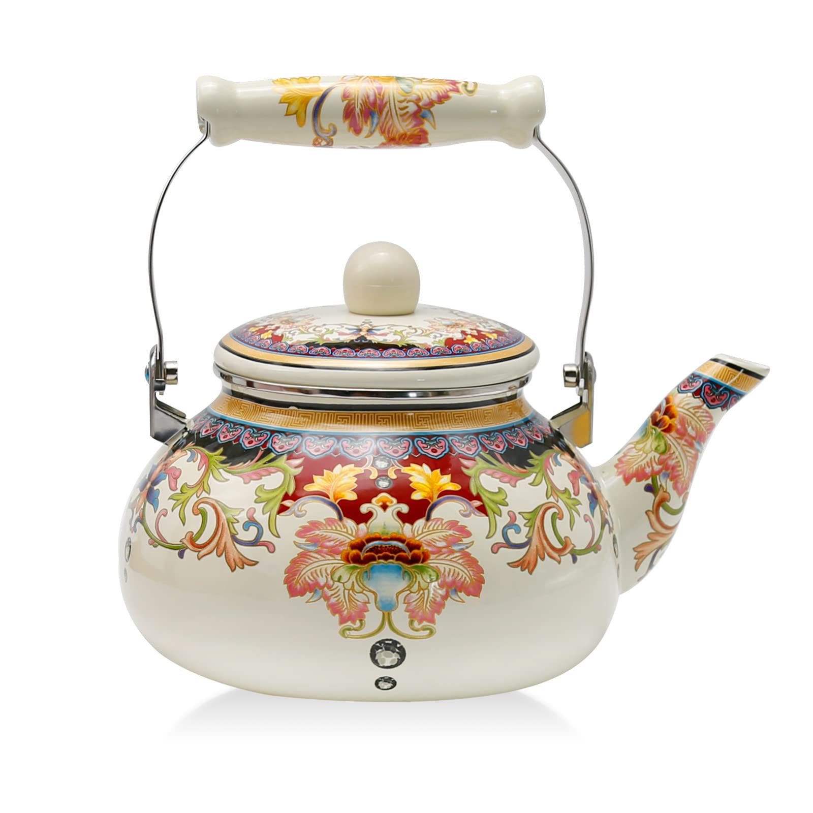 Saihisday 2.5L White Flowered Tea Kettle with Ceramic Handle, Floral Ceramic Enamel Teapot for Stovetop, No Whistle