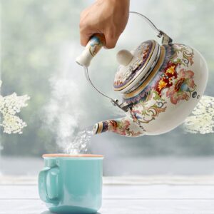 Saihisday 2.5L White Flowered Tea Kettle with Ceramic Handle, Floral Ceramic Enamel Teapot for Stovetop, No Whistle