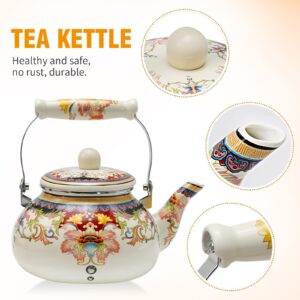 Saihisday 2.5L White Flowered Tea Kettle with Ceramic Handle, Floral Ceramic Enamel Teapot for Stovetop, No Whistle