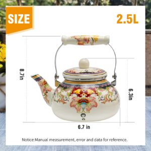 Saihisday 2.5L White Flowered Tea Kettle with Ceramic Handle, Floral Ceramic Enamel Teapot for Stovetop, No Whistle