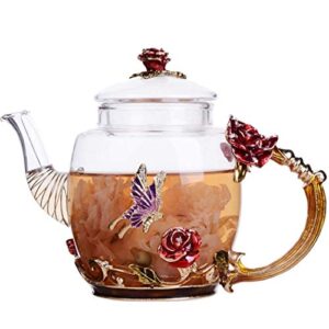 XUDREZ Teabloom Teapot Glass Blooming Tea Teapot for Women Blue Rose Floral Glass Teabloom Teapot with Gold for Mom Friend Christmas Birthday Anniversary, 2.44*4.72in (10.15oz/300ml Deep coffee color)